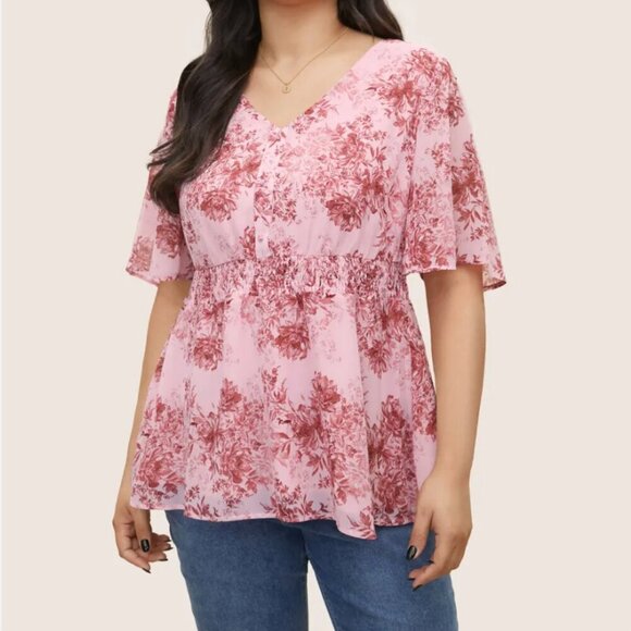 BloomChic | Tops | Bloomchic Plus Size Chiffon Floral Shirred Elastic ...